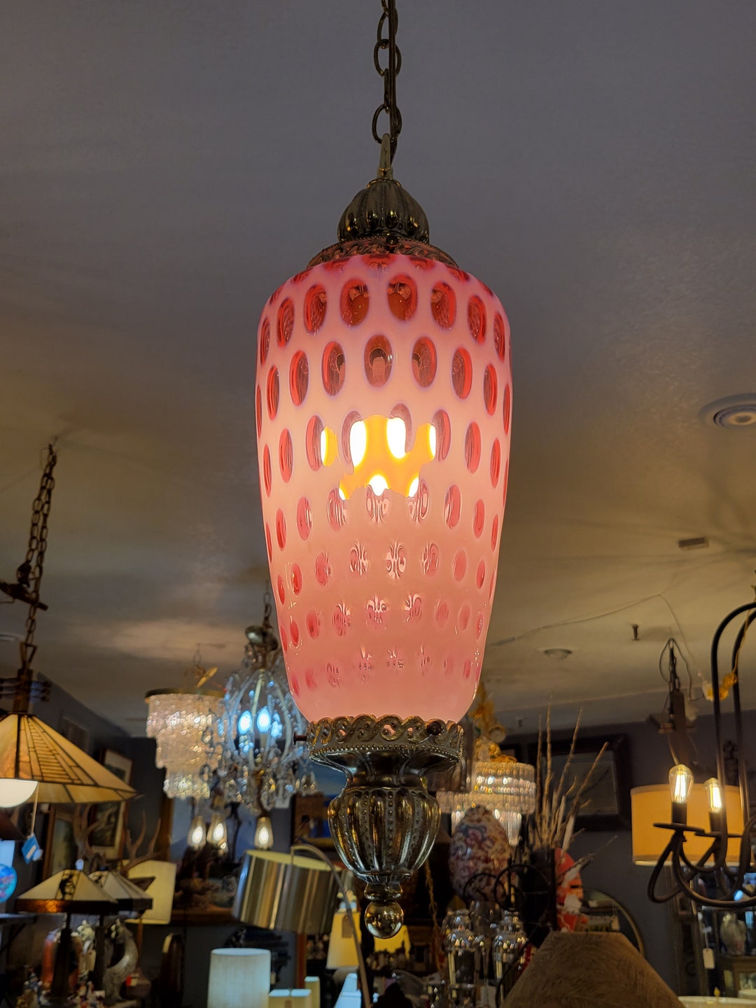 1950s Fenton Coin Dot Glass Hanging Pendant Light Cranberry Pink Glass ...