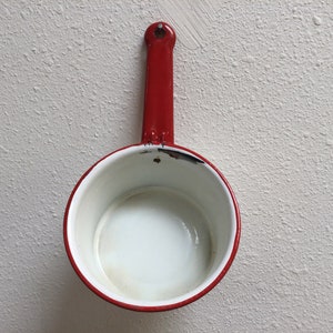Vintage Red & White Enamelware Sauce Pan ~ Mid Century Red Handled Pan ...
