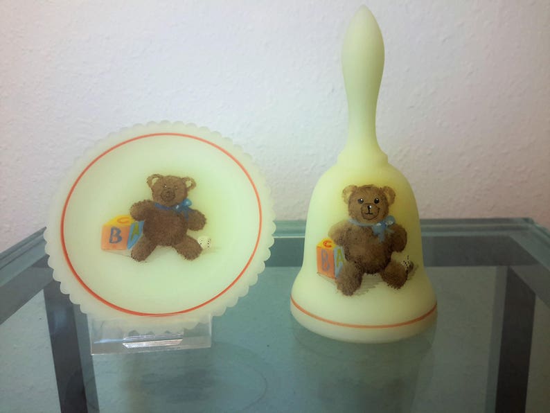Mini Fenton Glass Bell With Plate Bear 2pc Childs Set Satin - Etsy