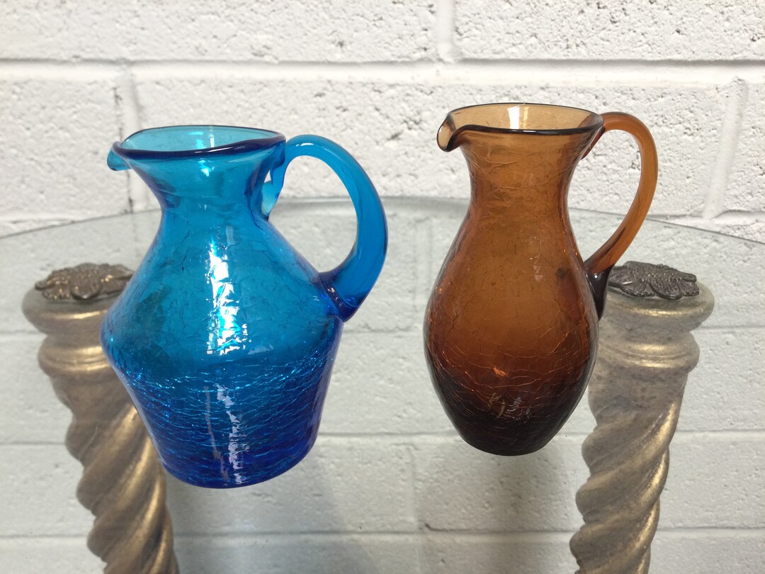 Kanawha Glass Mini Pitcher Pair Amber Aqua Blue Crackle Glass USA Made ...
