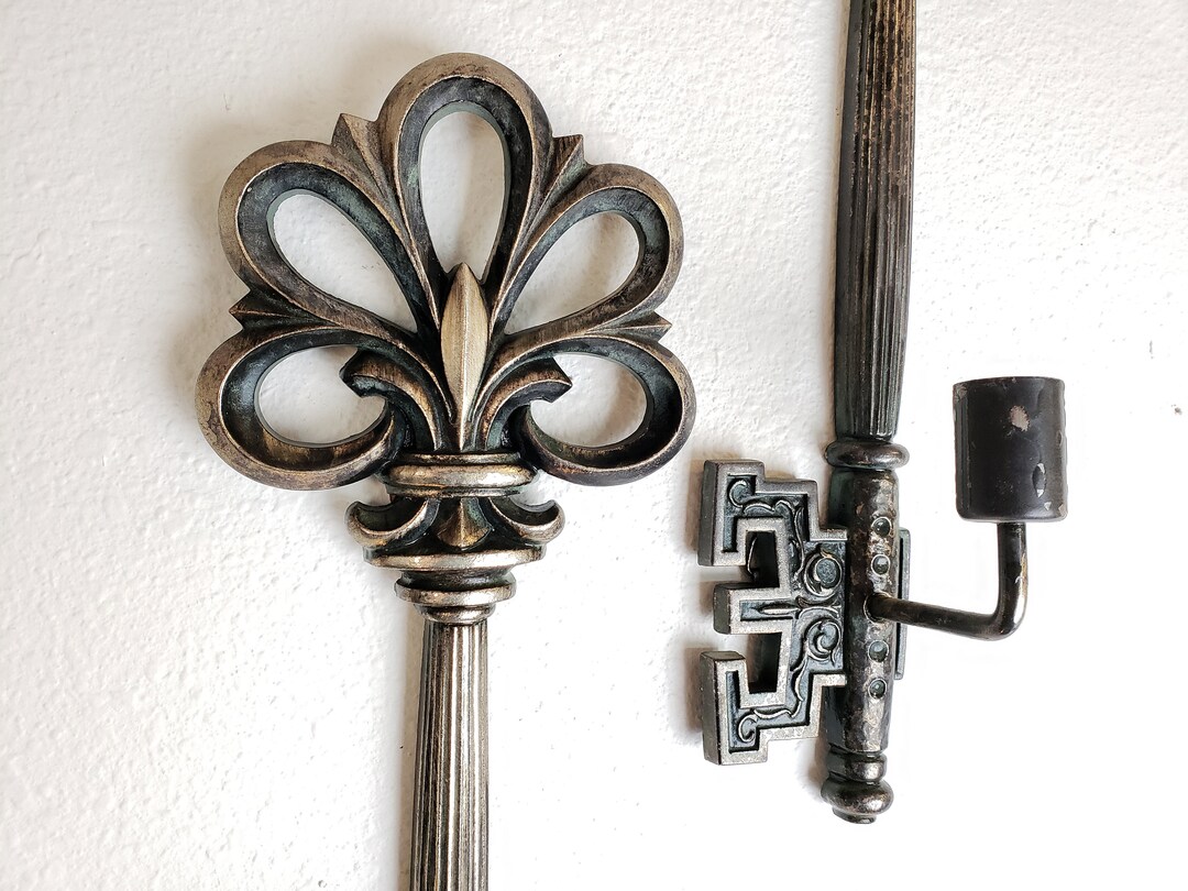 Pair of Syroco Wood Key Candle Holders / Vintage Key Wall Decor ...