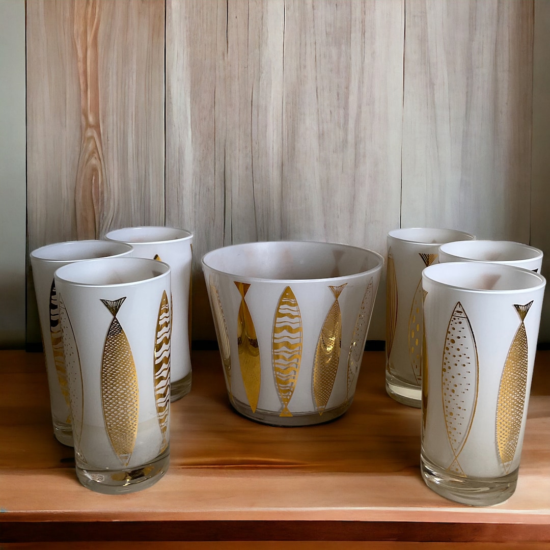 Fred Press Atomic Fish Barware: Gold & White Mid Century Highball ...
