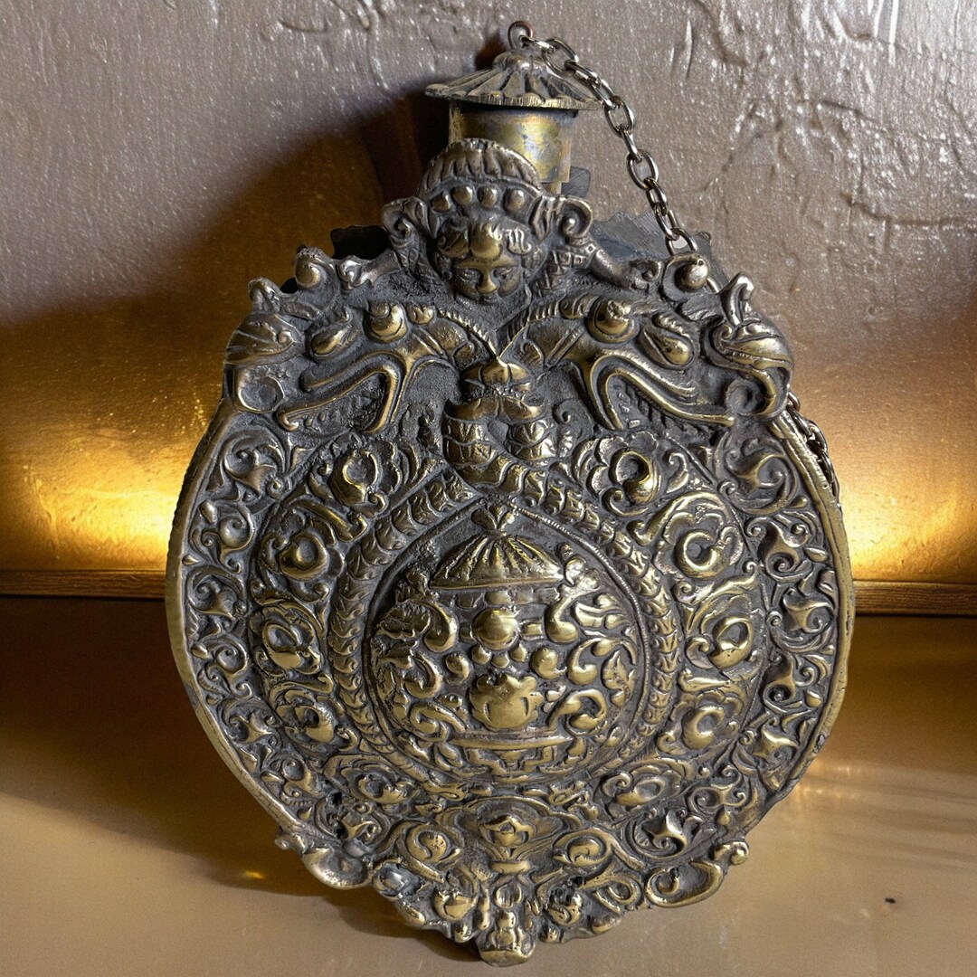 Antique Balkan Greek Flask Rare 7 Silver Plated Brass Greek War Powder ...