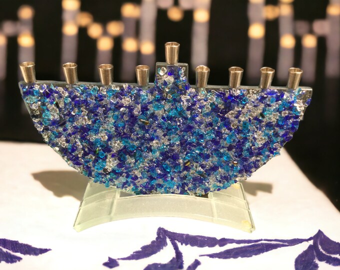Crushed Blue & Clear Glass Menorah ~ Tamara Baskin Signed Hand Crafted ...