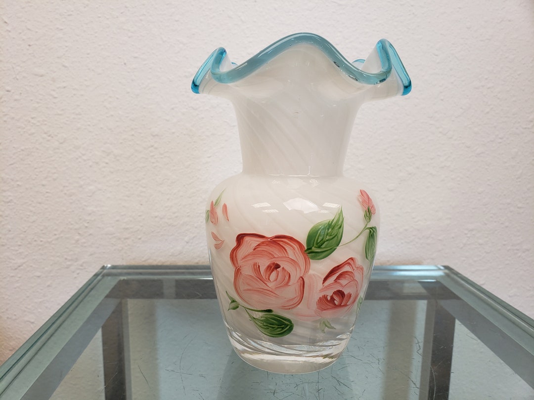 Fenton Glass Teleflora Swirl Art Glass Vase Aqua Crest Rim & - Etsy