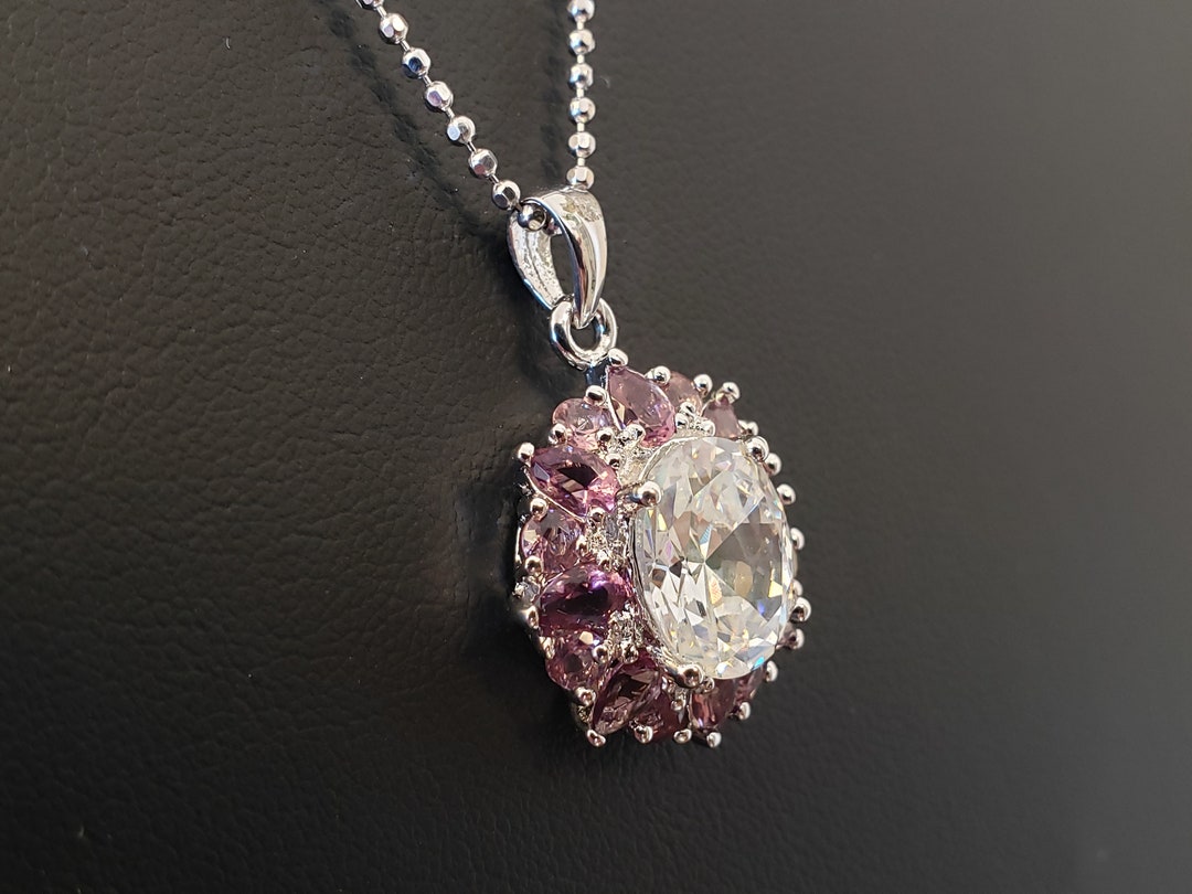 PJM Pink & White CZ Pendant Necklace / 925 Sterling Silver Necklace ...