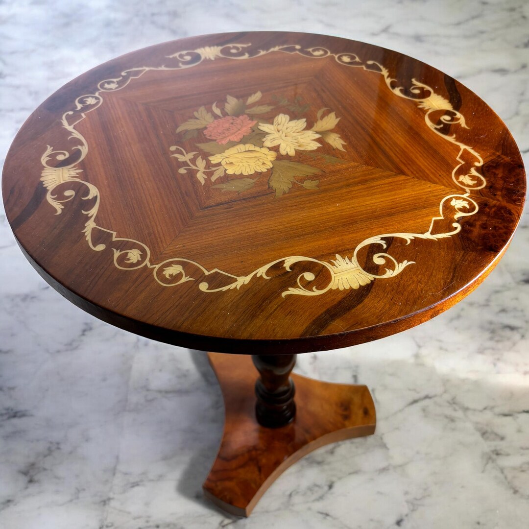 Italian Inlaid Marquetry Table ~ 20 1/2" H X 17" D Round Wood Pedestal ...