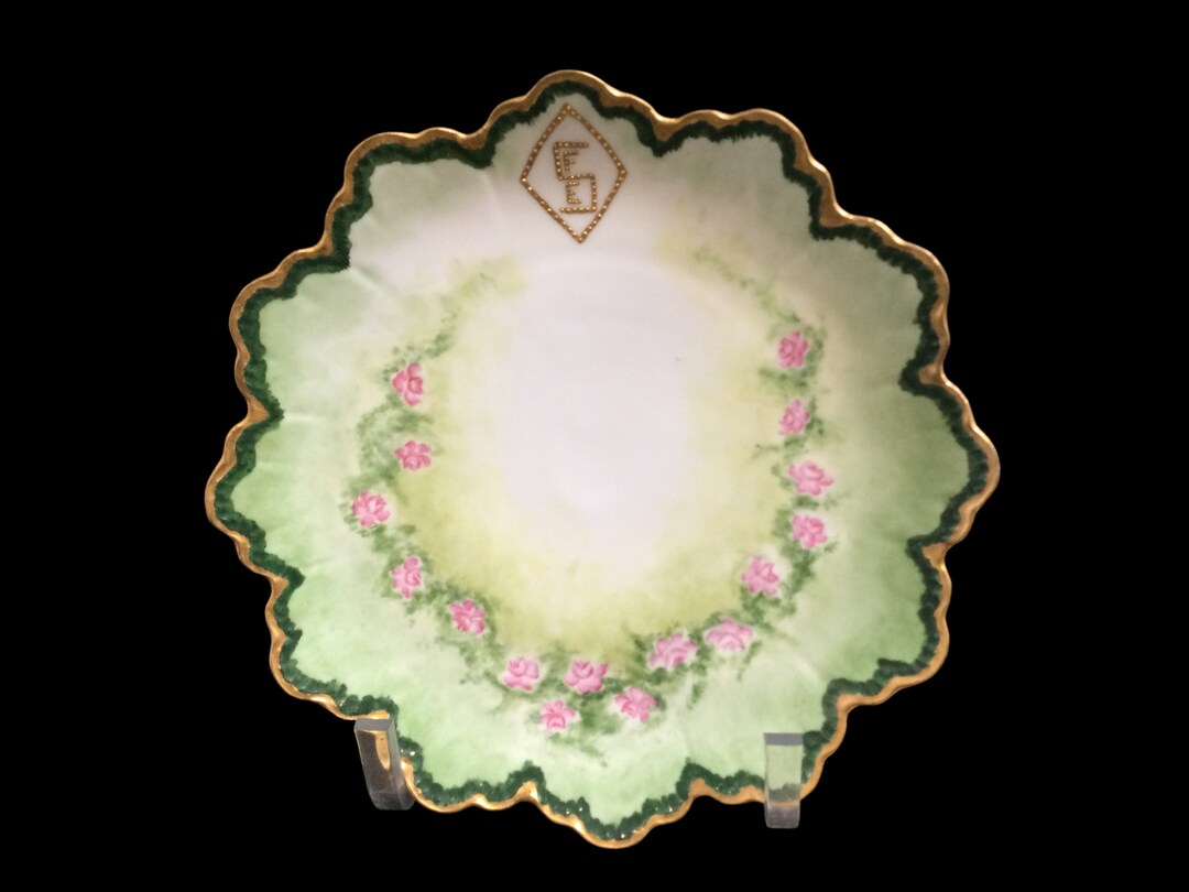 RC Malmaison Bavaria Porcelain Plate ~ Scalloped Edges Pink Roses Green ...