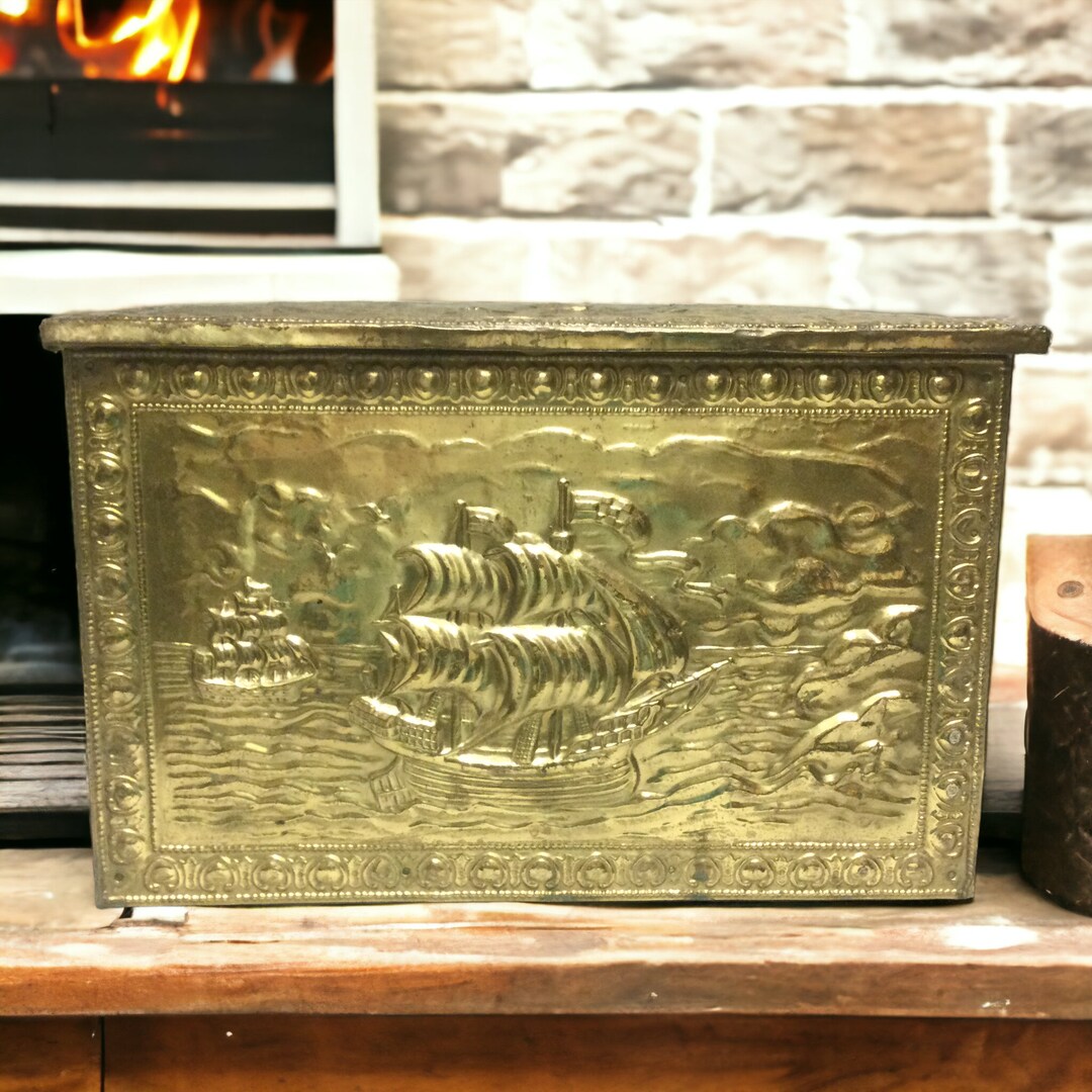 Antique Embossed Brass Covered Coal Box ~ 10 3/4" H X 16" W Wood Box ...