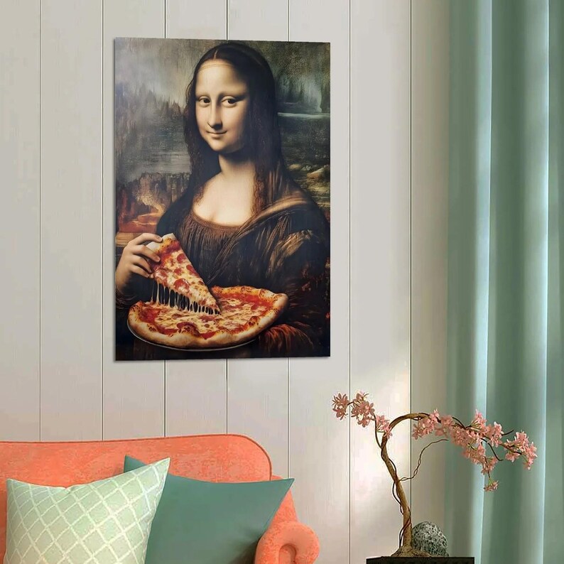 Funny Mona Lisa Eating Pizza Poster Decorative Painting Canvas Wall Art ...