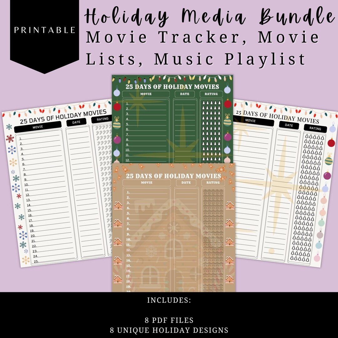 Printable Holiday Movie Tracker [VARIETY PACK] – 25 Day Countdown (PDF ...