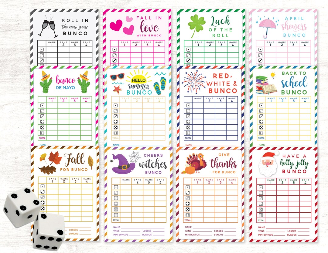 12 Months Year of Bunco Card Set // January to December Themed Bunco ...