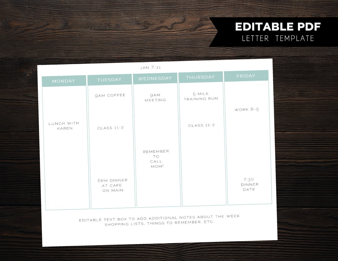 Editable PDF Weekday Calendar // Monday - Friday - Etsy