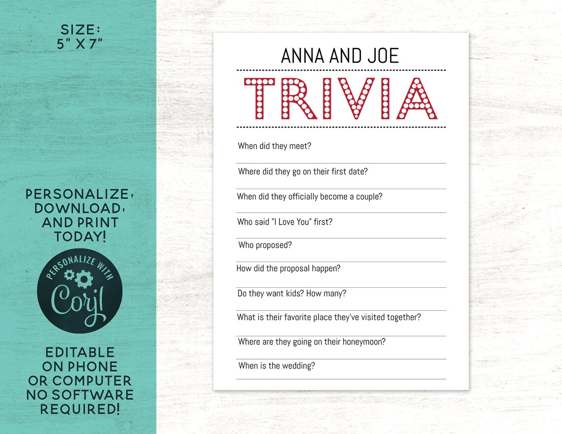 Couple's Trivia Bridal Shower Game // Wedding Shower // | Etsy