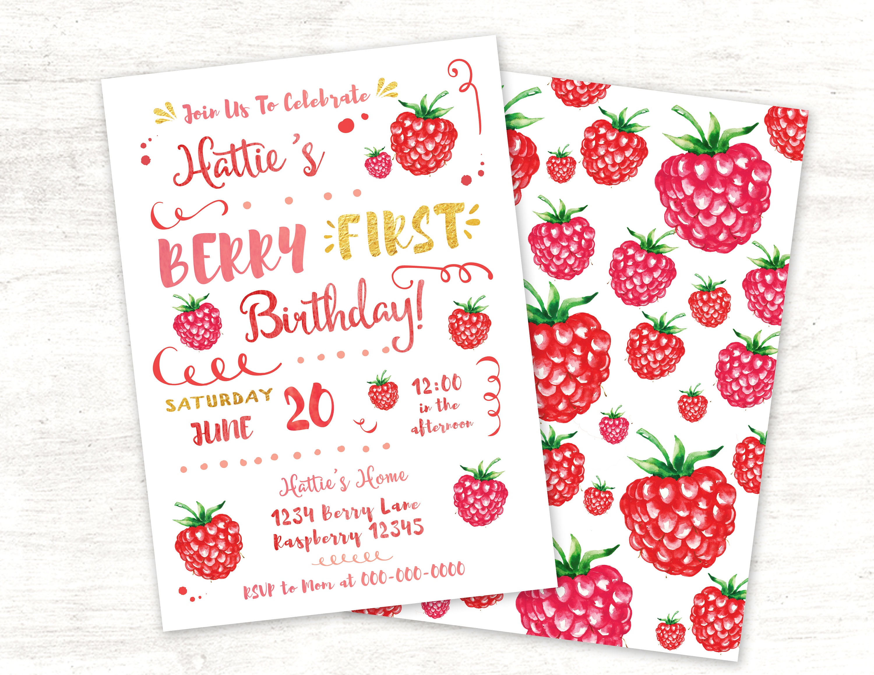 Strawberry Berry First Birthday Digital Party Invitation Etsy