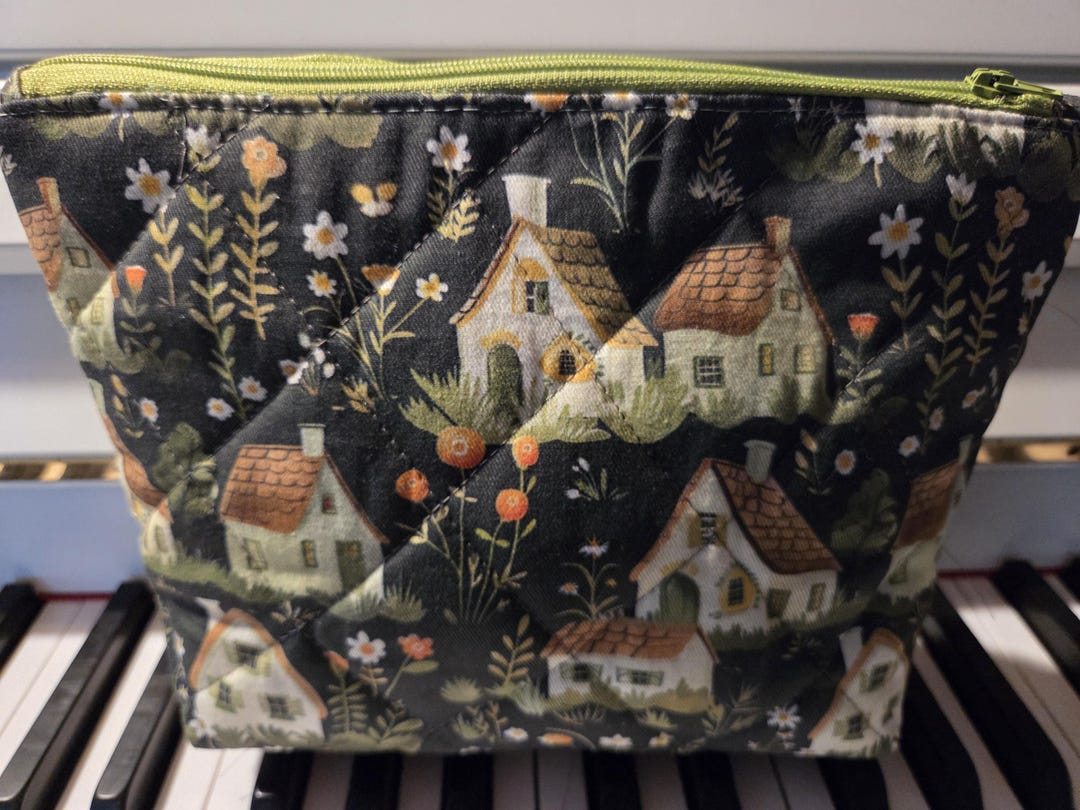 Cottage Core Green Cottages Double Sided Cosmetic Bag Quilted Makeup ...