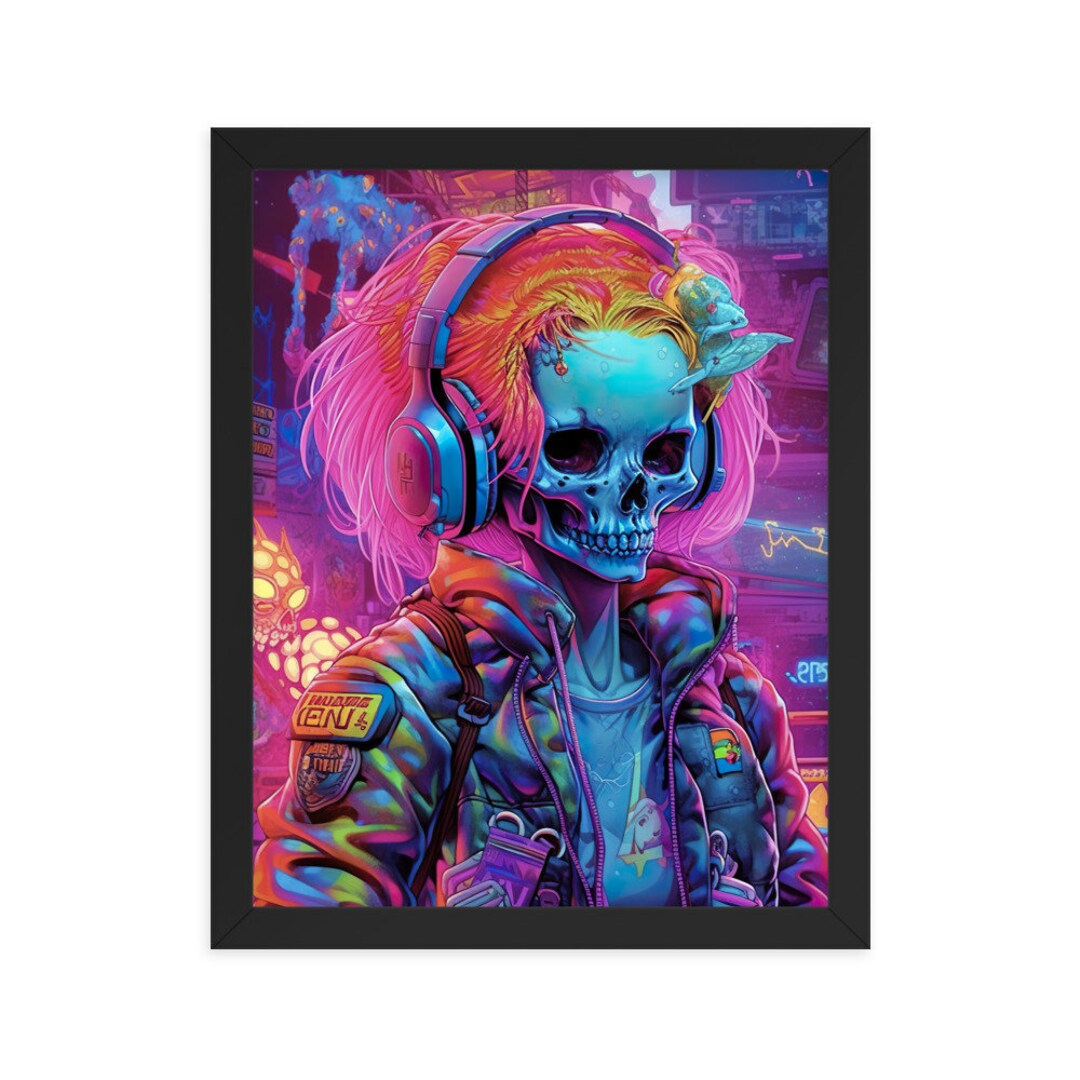 Neon Rainbow Skelton Punk Original AI Art Print Framed - Etsy