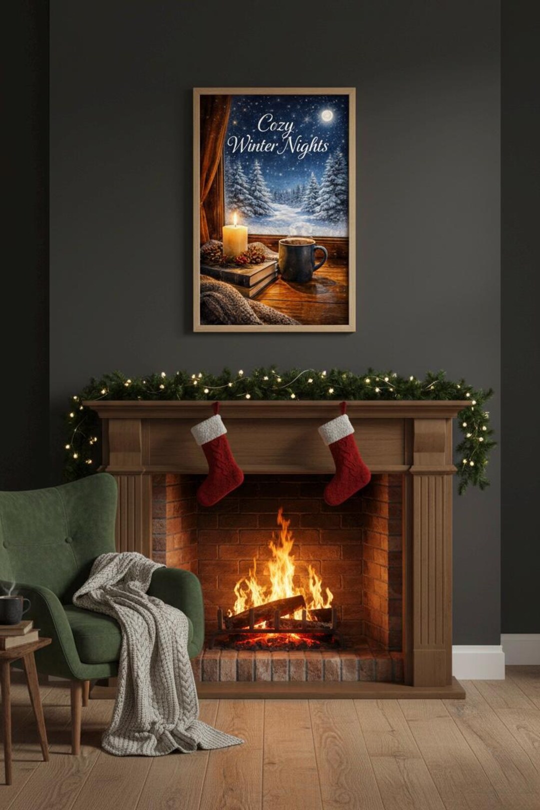 Hygge Cabin Winter Night Art Print, Hot Cocoa, Snowy Forest (digital ...