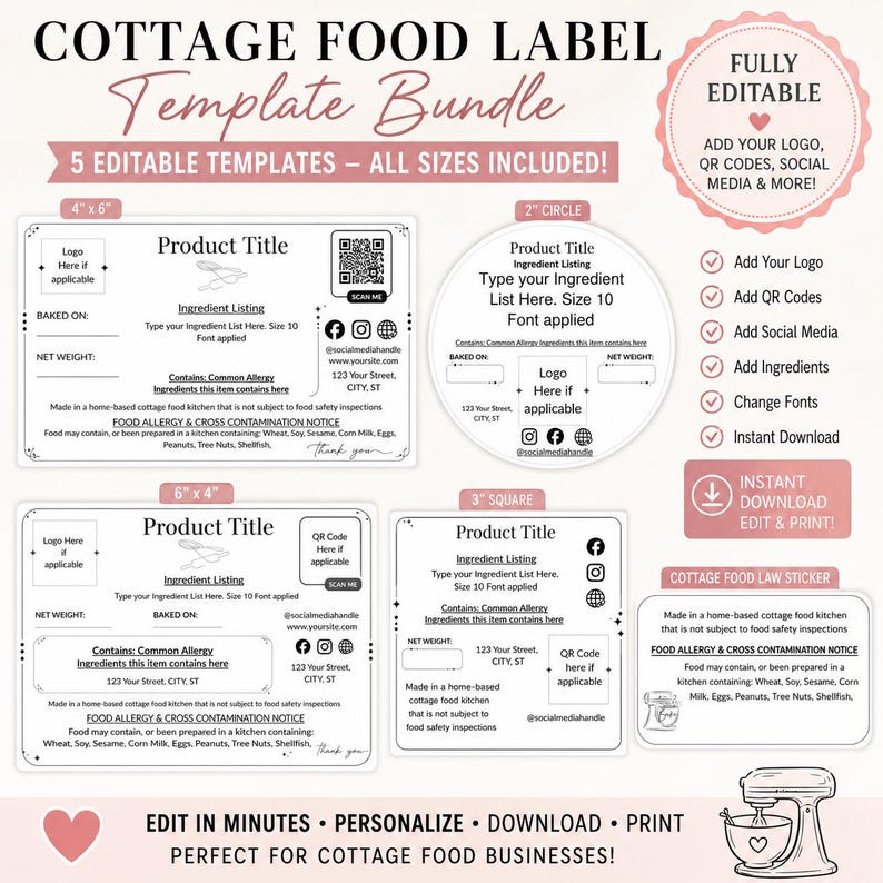 Cottage Food Label Templates Bundle | 5 Editable Canva Templates ...