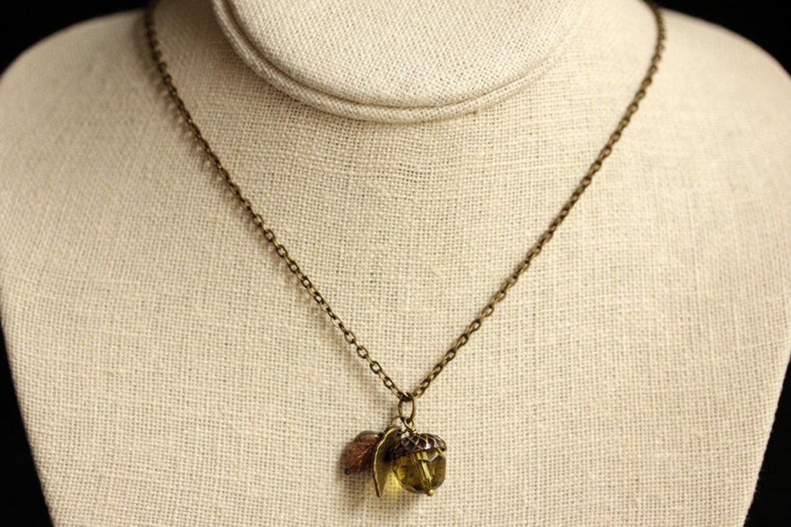 Olive Green Acorn Pendant. Crystal Acorn Necklace. Bronze Acorn Charm ...