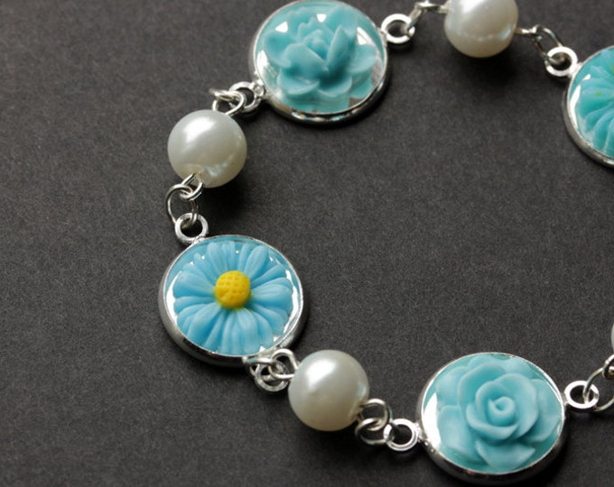 Blue Flower Bracelet. Sky Blue Flower Bracelet With Personalized Letter ...