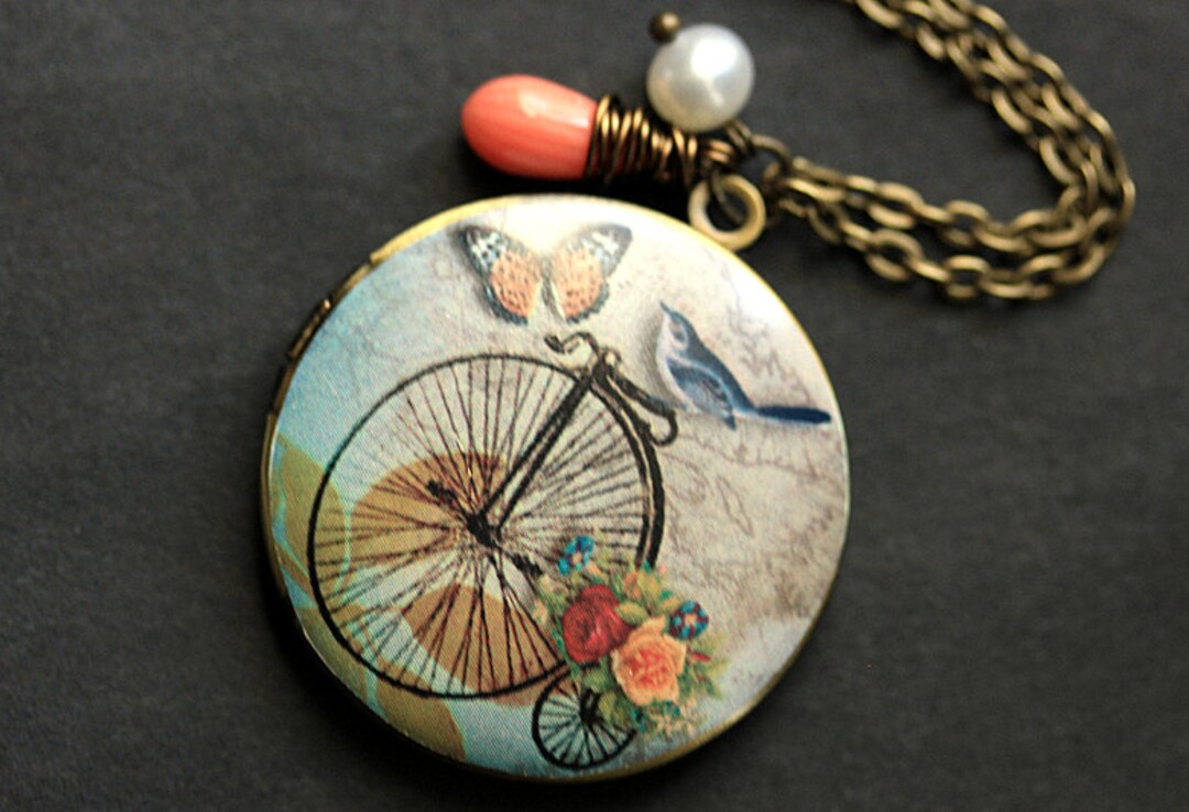Bluebird Locket Necklace. Bicycle Locket Necklace. Bird Necklace With ...