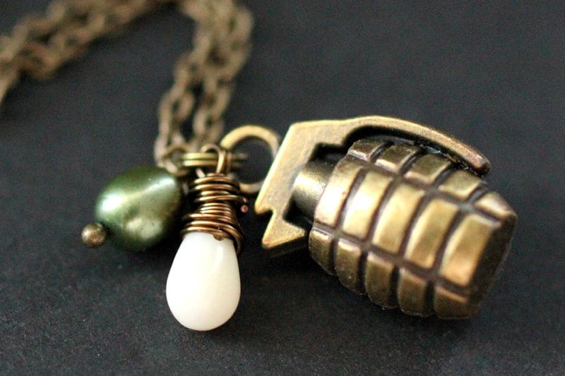 Military Charm Necklace. Hand Grenade Necklace With Coral Teardrop and ...