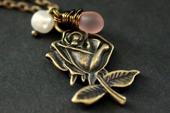 Romantic Rose Necklace in Bronze. Pink Rose Charm Necklace - Etsy