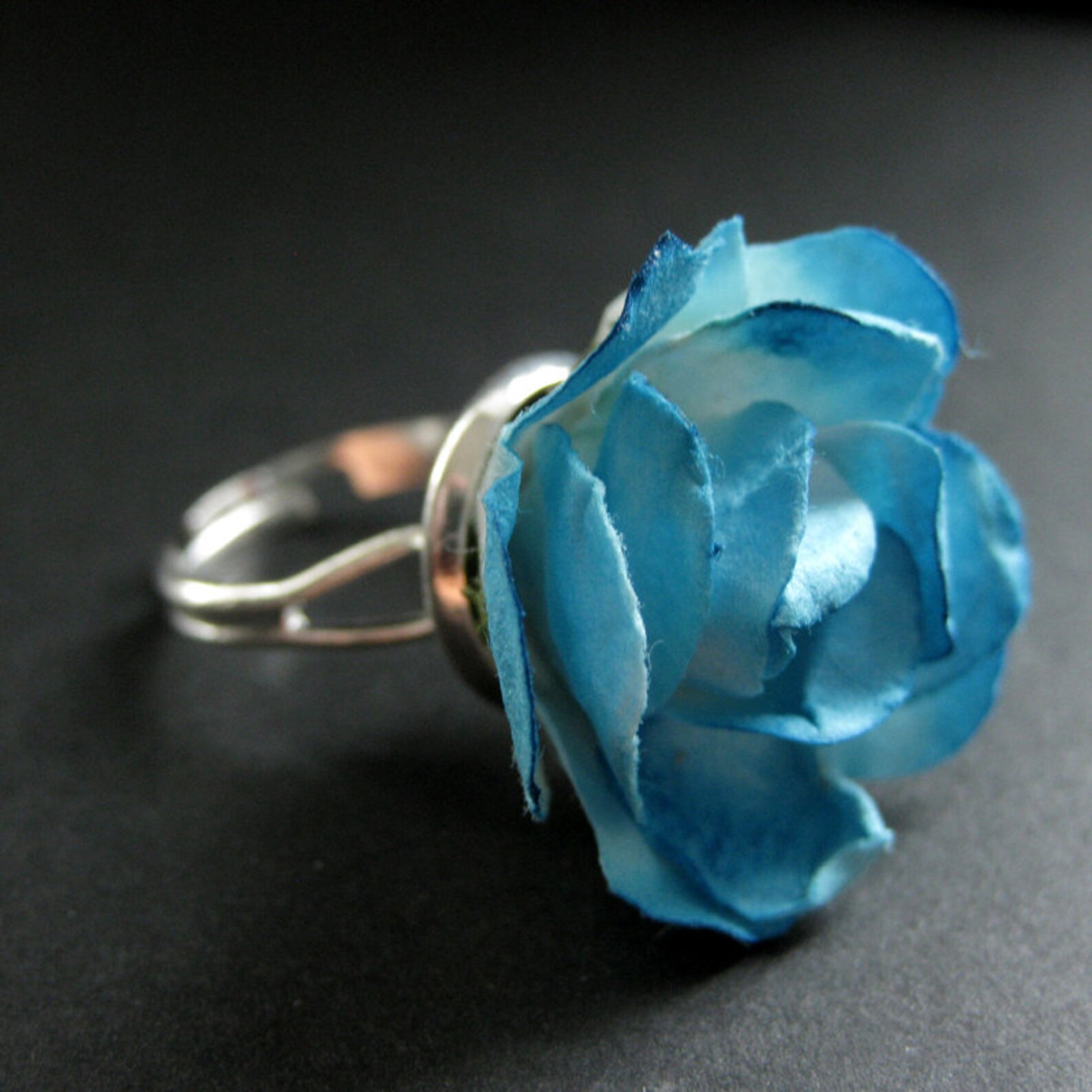 Turquoise Blue Flower Ring With Dyed Paper Rose Flower. - Etsy