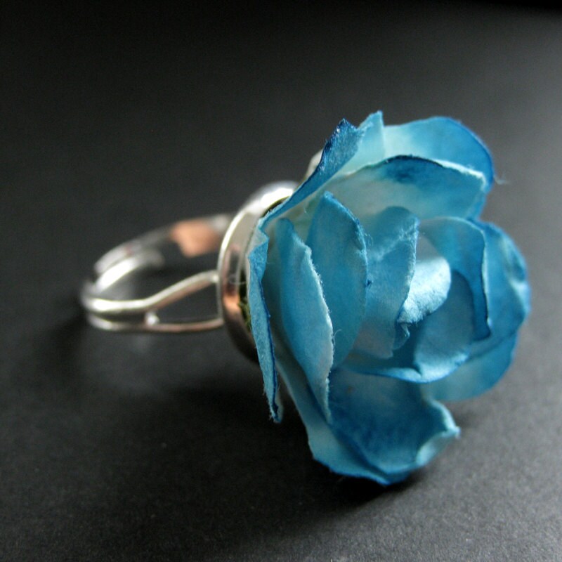 Turquoise Blue Flower Ring With Dyed Paper Rose Flower. Adjustable Ring ...