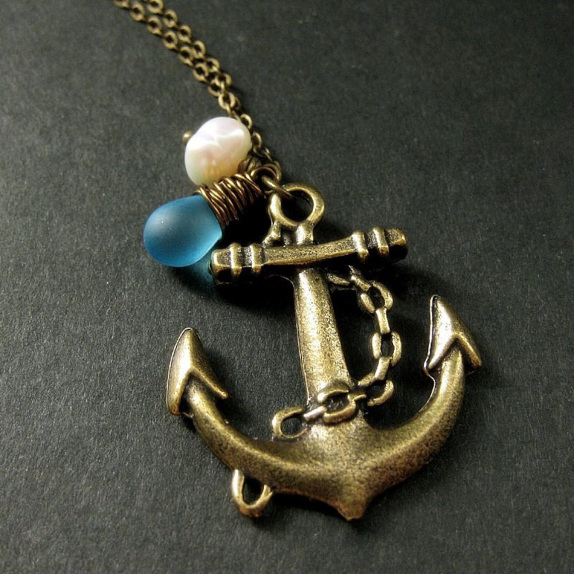 Naval Anchor Necklace. Nautical Necklace with Aqua Teardrop | Etsy