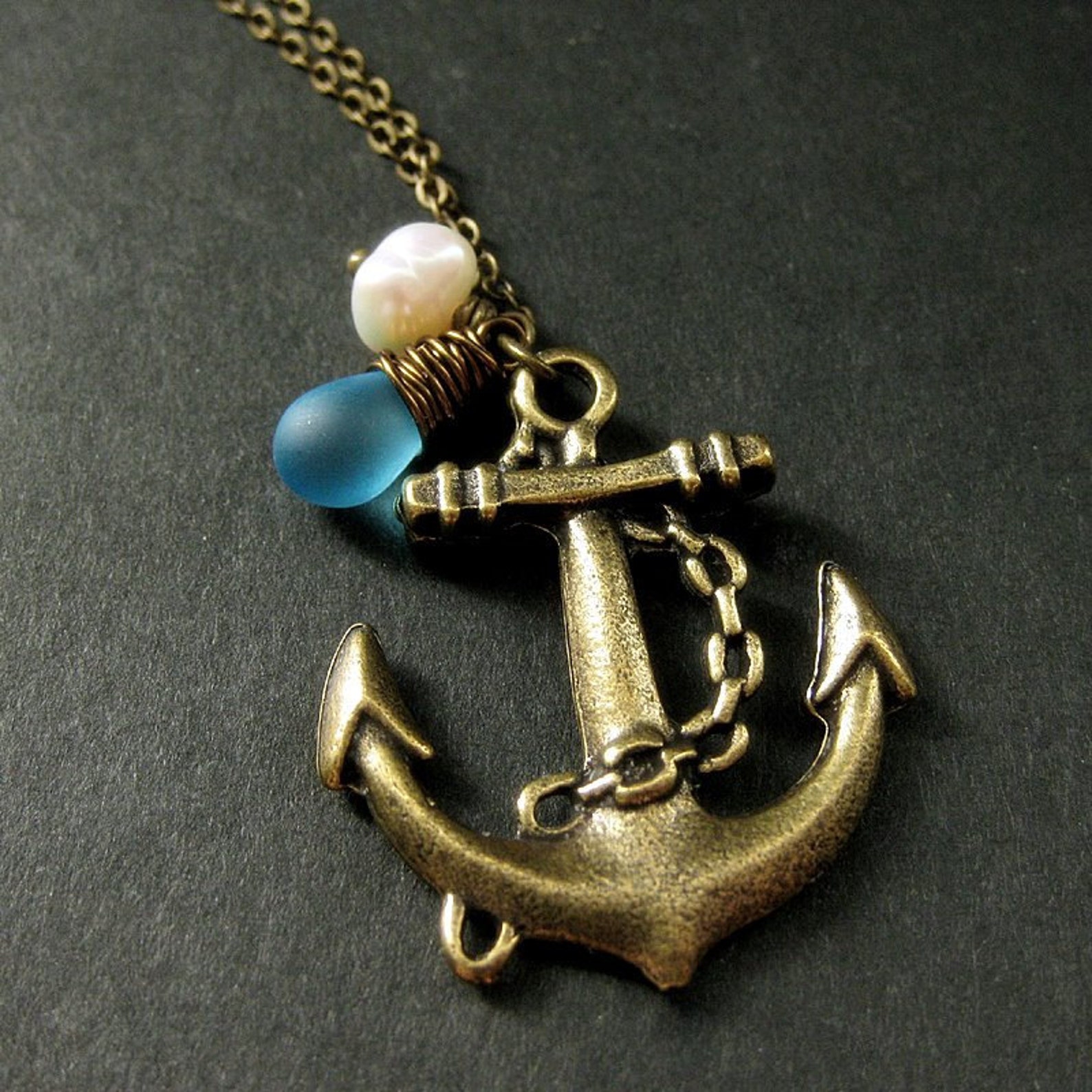 Naval Anchor Necklace. Nautical Necklace With Aqua Teardrop Charm and ...