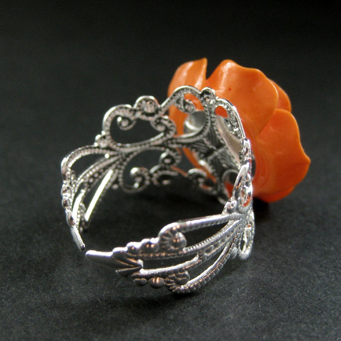 Orange Rose Ring. Orange Flower Ring. Filigree Ring. Adjustable Ring ...