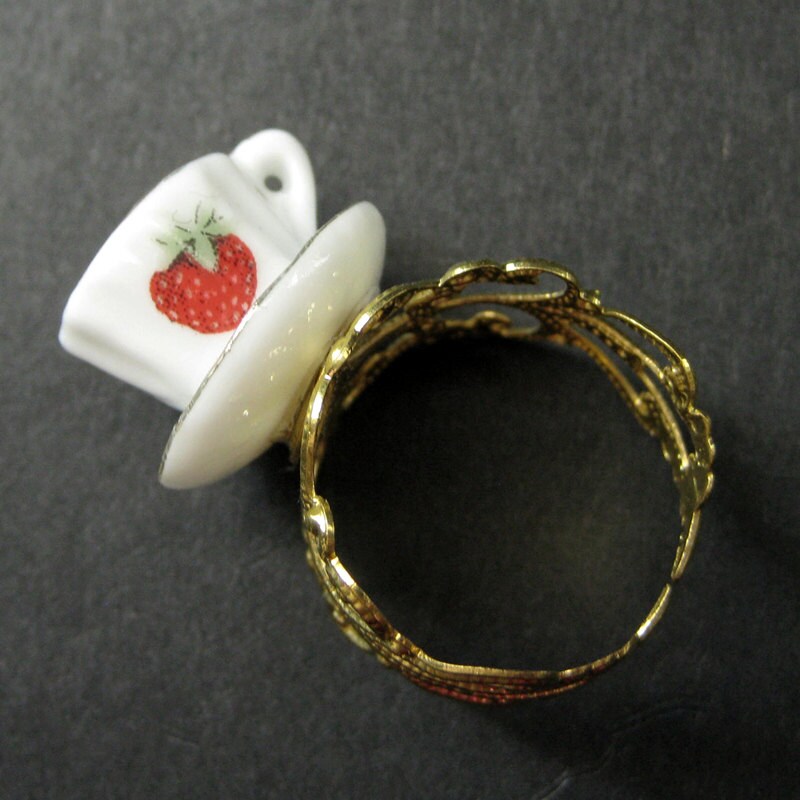 Strawberry Teacup Ring. Porcelain Tea Cup Ring. Gold Filigree ...
