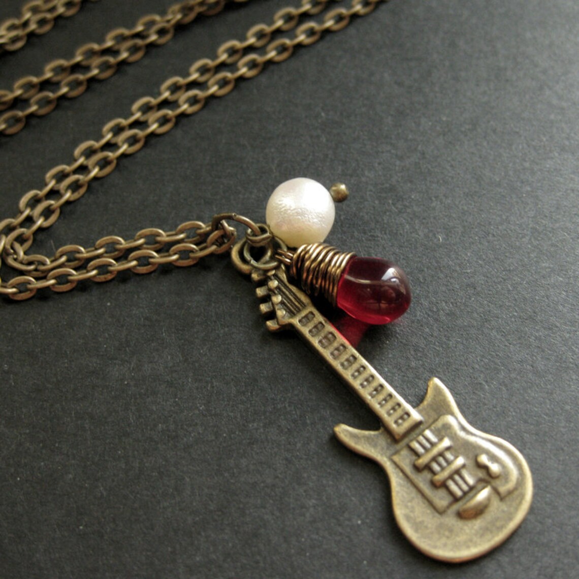 Electric Guitar Necklace. Musical Instrument Necklace With Red Teardrop ...