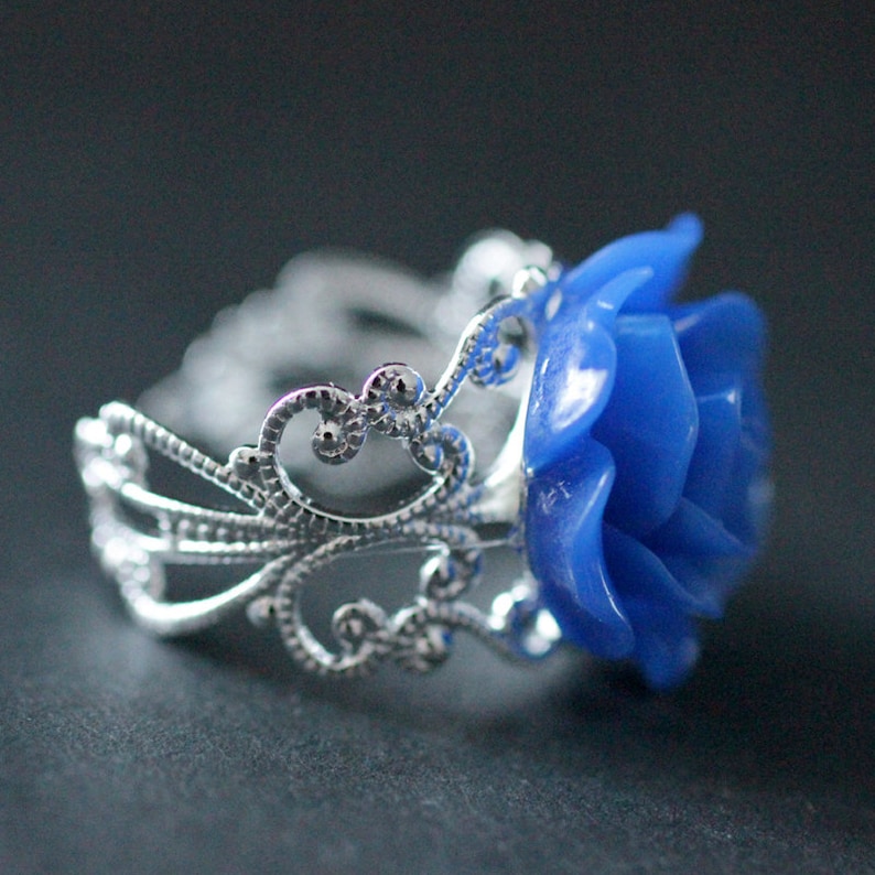 Cobalt Blue Rose Ring. Blue Flower Ring. Filigree Adjustable Ring ...