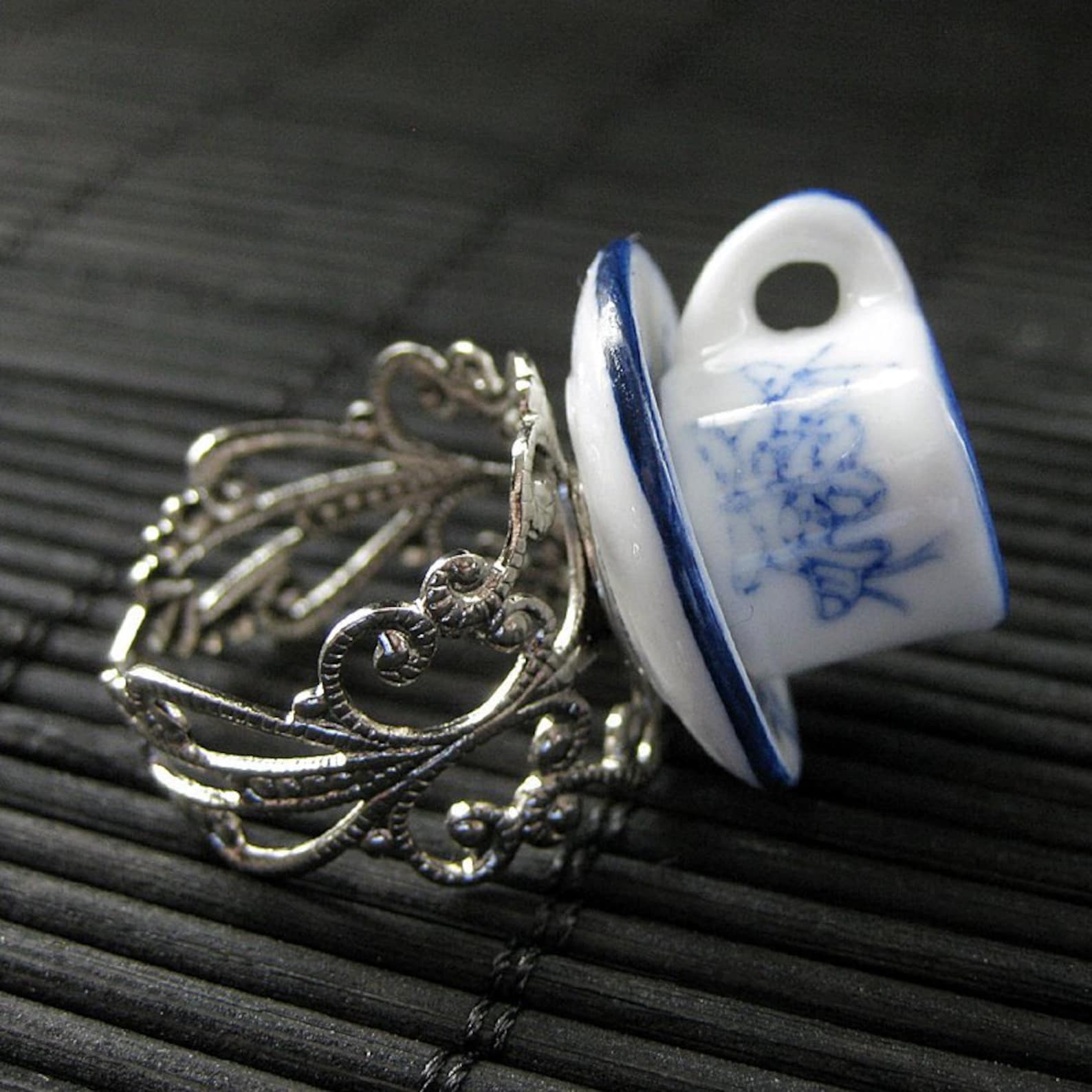 Teacup Ring. Blue and White China Cup Ring. Silver Filigree Adjustable ...