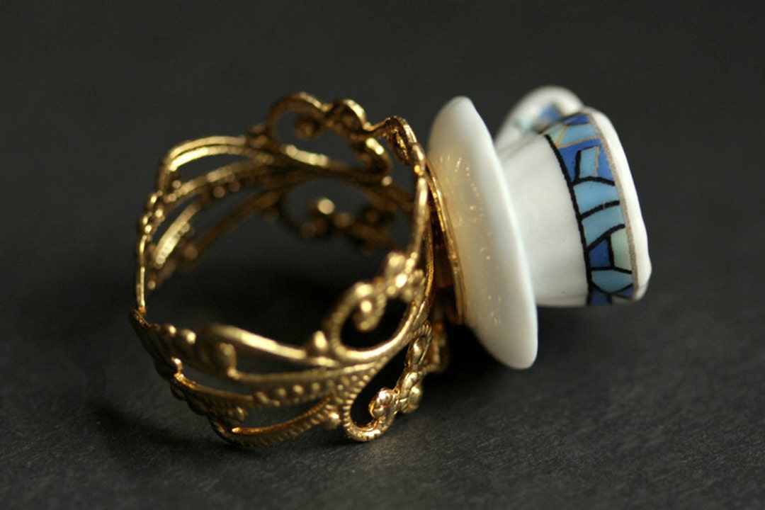 Teacup Ring in White With Blue Geometric Design. Tea Cup Ring. Gold ...