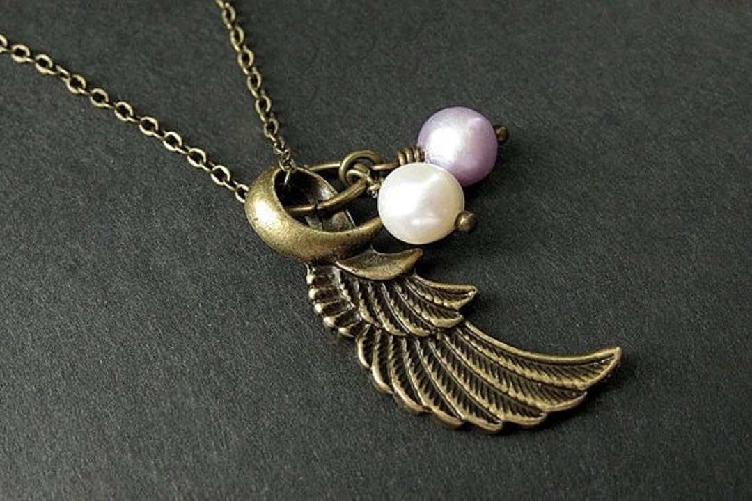 Angel Wing Pearl Necklace. Charm Necklace in Bronze and Fresh Water ...