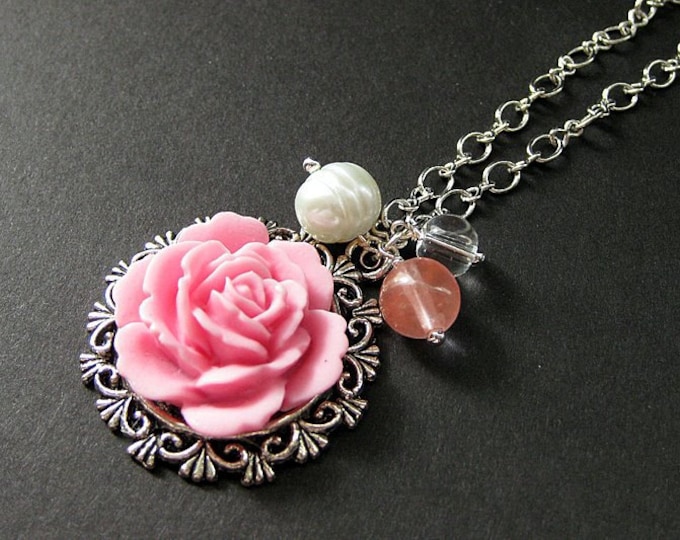 Kawaii Pink Rose Charm Necklace With Cherry Quartz and Fresh - Etsy