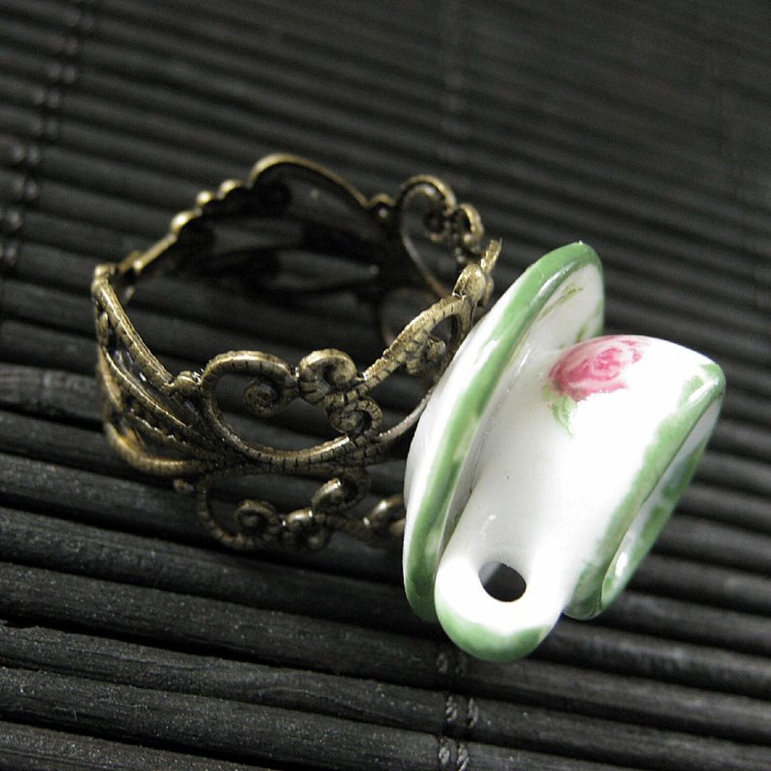 Porcelain Teacup Ring With Green Trim and Pink Flowers. Bronze Filigree ...