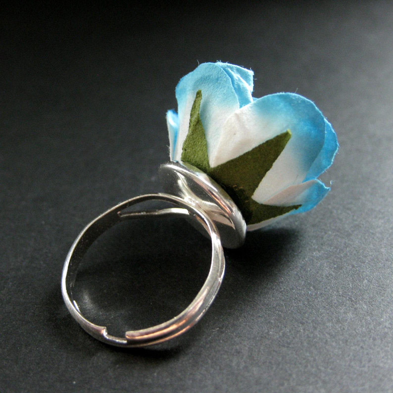 Turquoise Blue Flower Ring With Dyed Paper Rose Flower. Adjustable Ring ...
