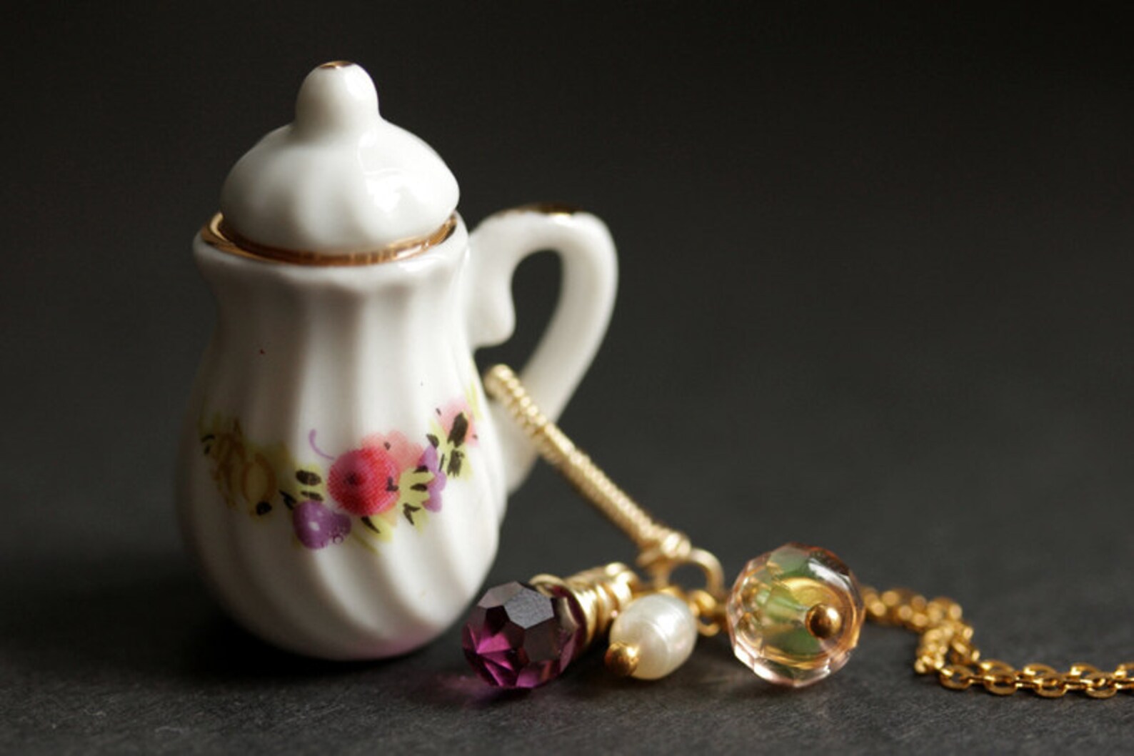 Porcelain Teapot Necklace. Floral Tea Pot Necklace With Pearl and ...
