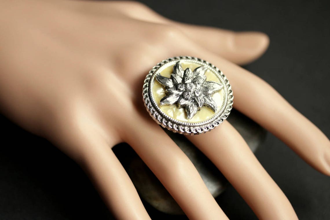 Upcycled Brooch Ring. Flower Bouquet Ring in Tan and Silver. Adjustable ...