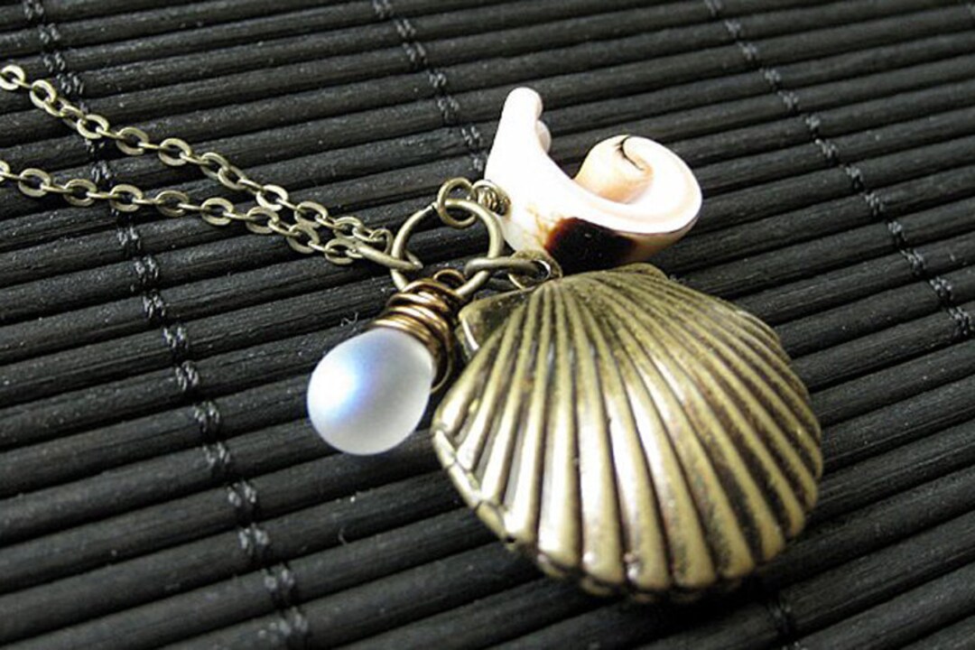 HOLIDAY SALE Seashell Locket Charm Necklace in Bronze With Wire Wrapped ...
