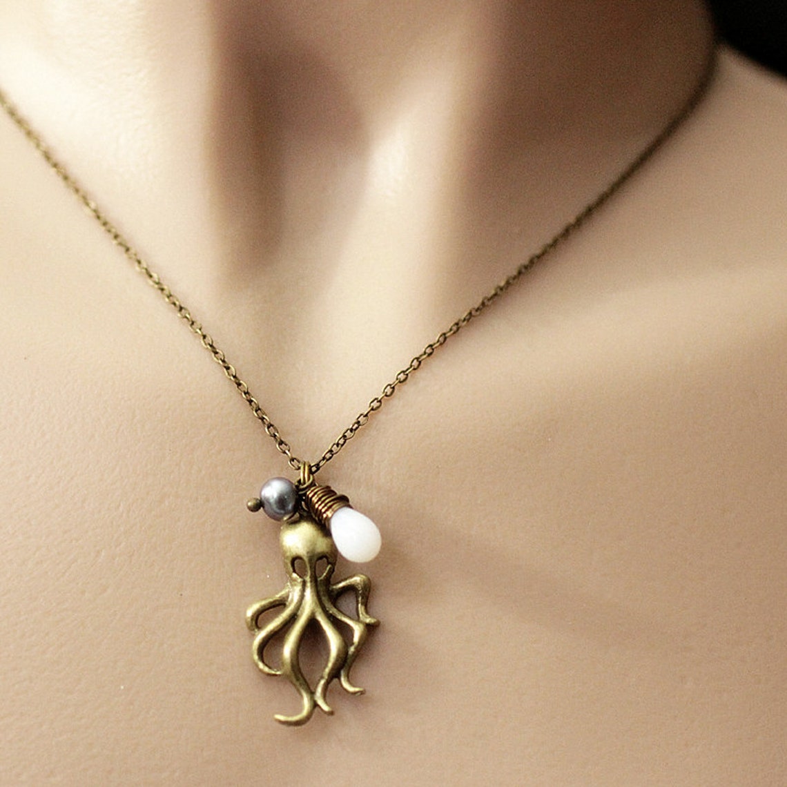 Octopus Charm Necklace. Bronze Octopus Necklace With White Teardrop and ...