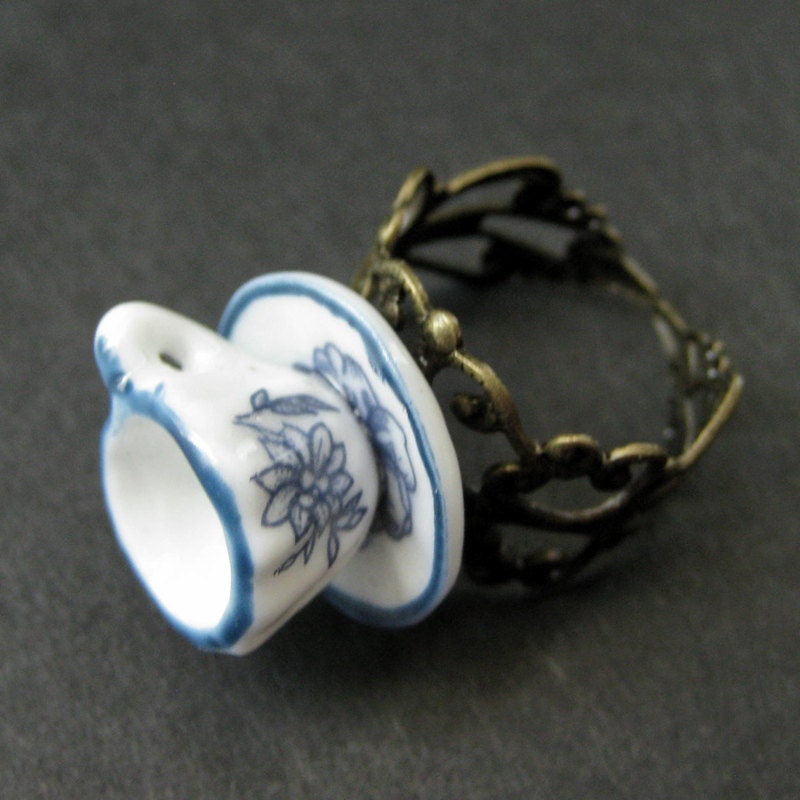 Blue China Teacup Ring. Porcelain Tea Cup Ring With Bronze Filigree ...