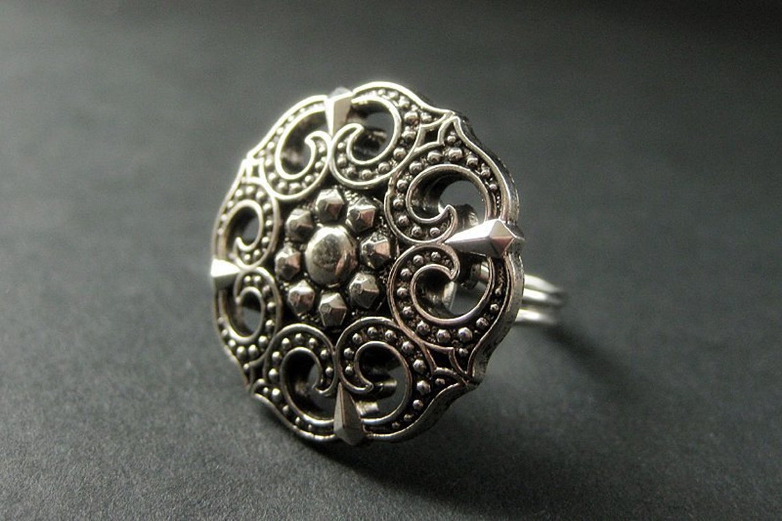 Silver Button Ring in With Floral Medallion Face. Adjustable - Etsy