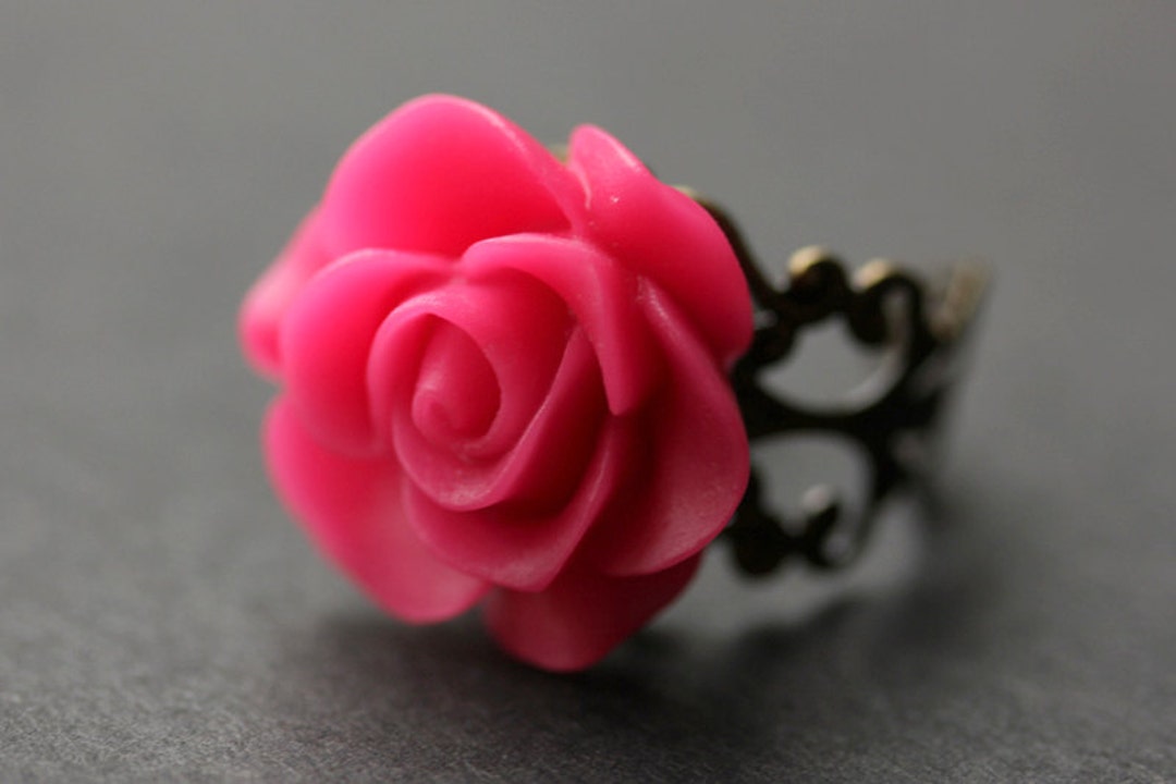 Hot Pink Rose Ring. Fuchsia Pink Flower Ring. Gold Ring. Silver Ring ...