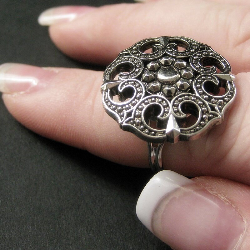 Silver Button Ring in With Floral Medallion Face. Adjustable Ring ...